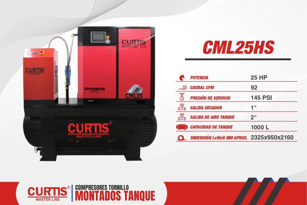 COMPRESOR DE TORNILLO CURTIS DE 25 HP MONTADO SOBRE TANQUE DE 1000 LITROS
