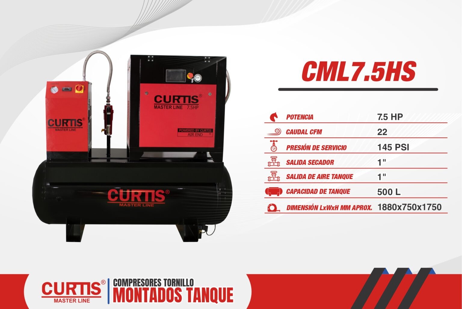 COMPRESOR DE TORNILLO CURTIS DE 7.5 HP MONTADO SOBRE TANQUE DE 500 LITROS
